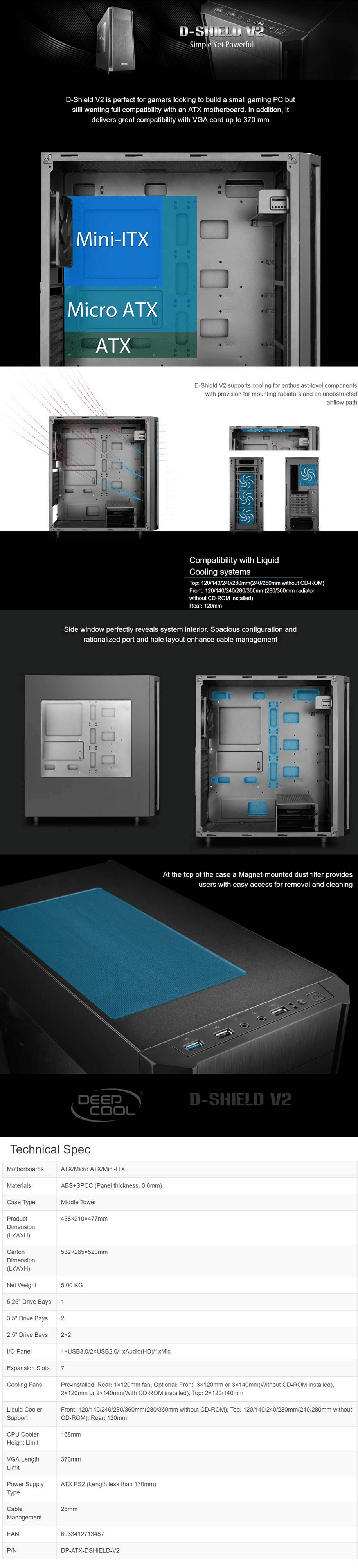 Deepcool D-Shield V2 Mid Tower Chassis - Black