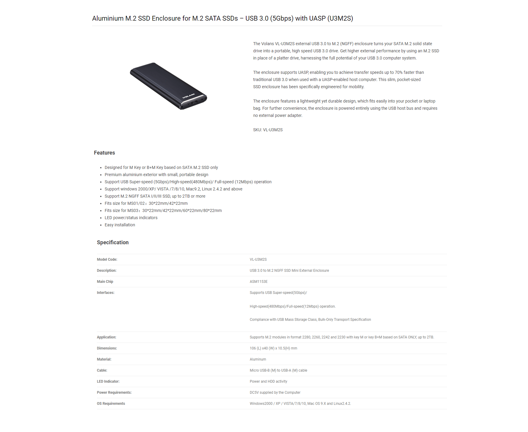 Volans Aluminium USB 3.0 to M.2 NGFF SSD Mini External Enclosure