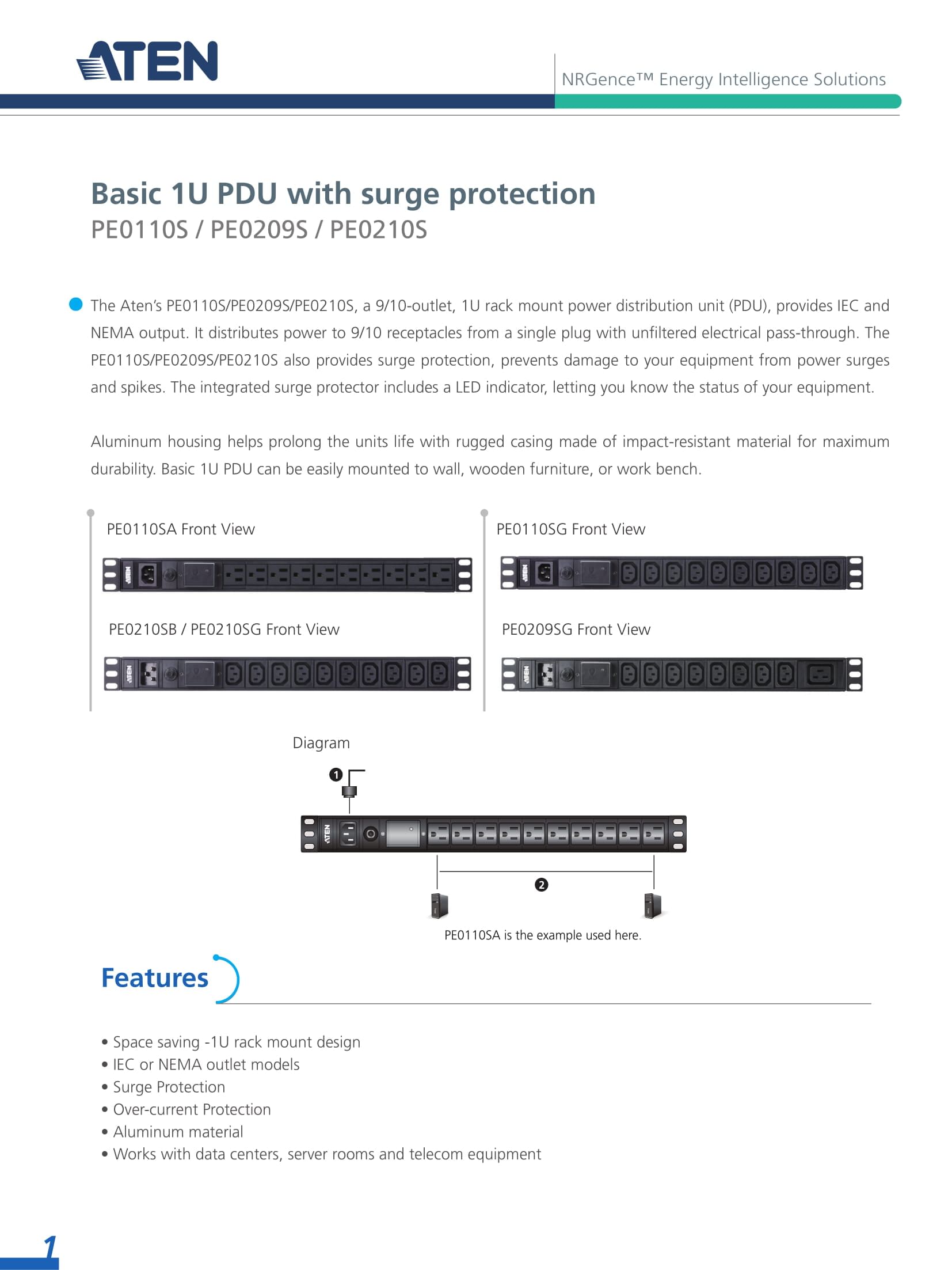ATEN 10-Port 1U 15A Basic PDU with Surge Protection