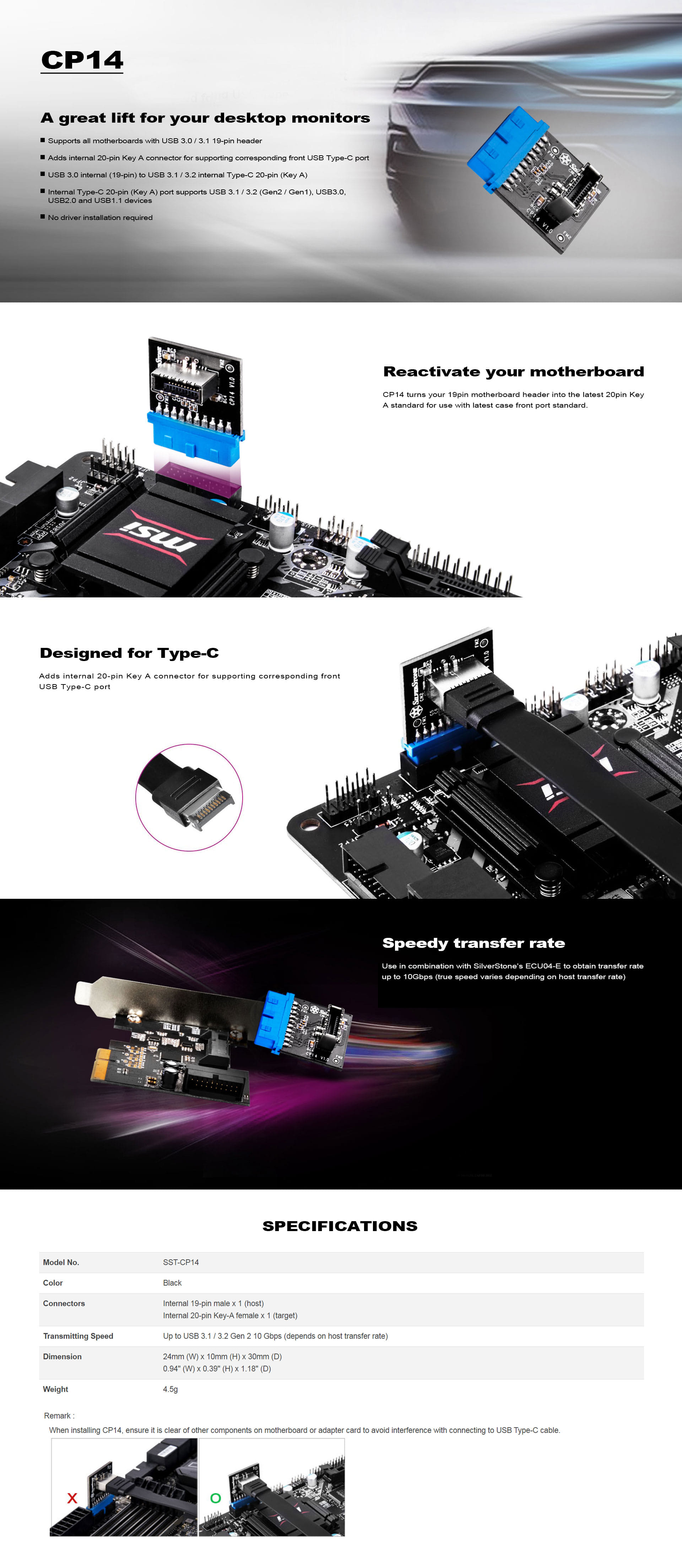 Silverstone CP14 USB 3.0 to USB 3.x USB-C Adapter