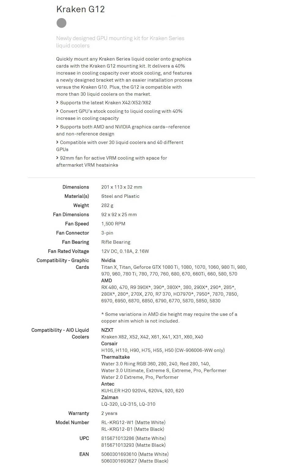 NZXT White Kraken G12 GPU Mounting Bracket For A-I-O Liquid Coolers