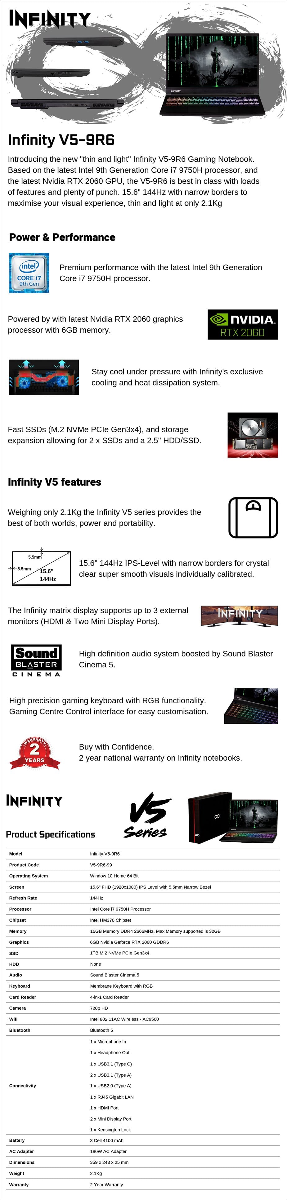 Infinity V5-9R6-99 15.6"/i7/16G/1TB/RTX2060/W10H Gaming Laptop