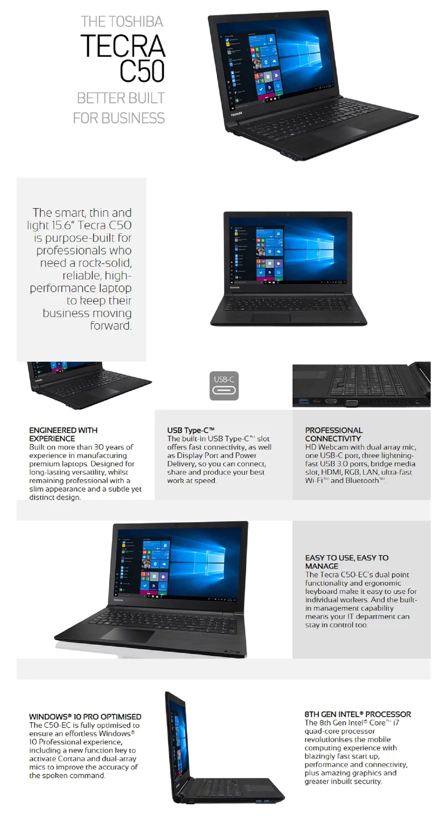 Toshiba Tecra C50-EC 15.6 HD Laptop, i7-8550U, 8GB, 256GBSSD, Windows ...