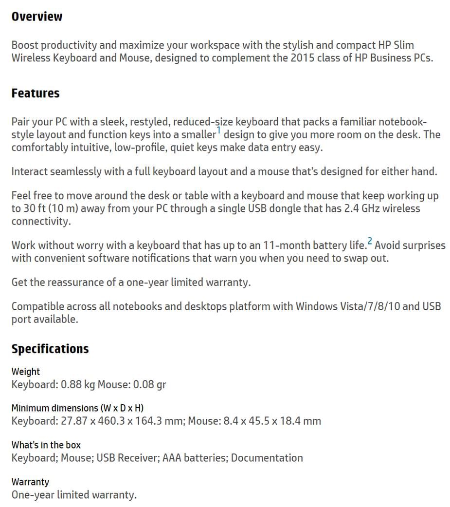 HP Slim Wireless Keyboard and Mouse Combo