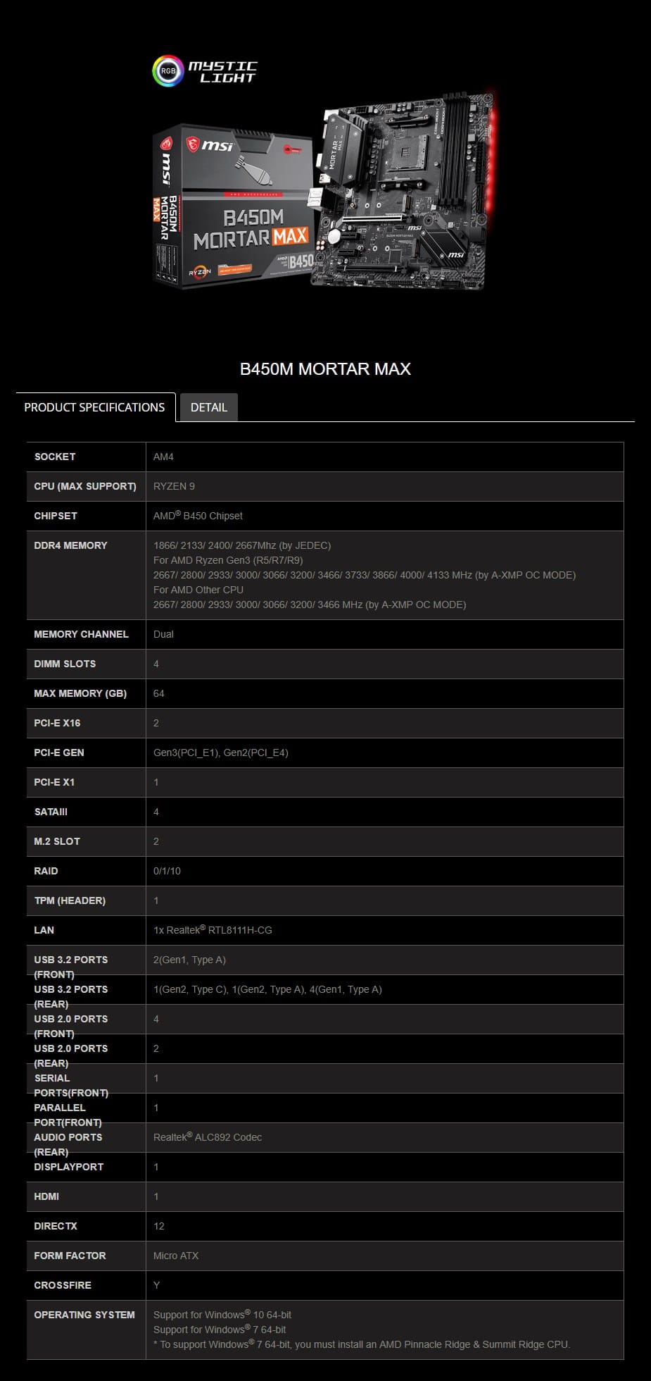 MSI B450M MORTAR MAX AM4 M-ATX Motherboard