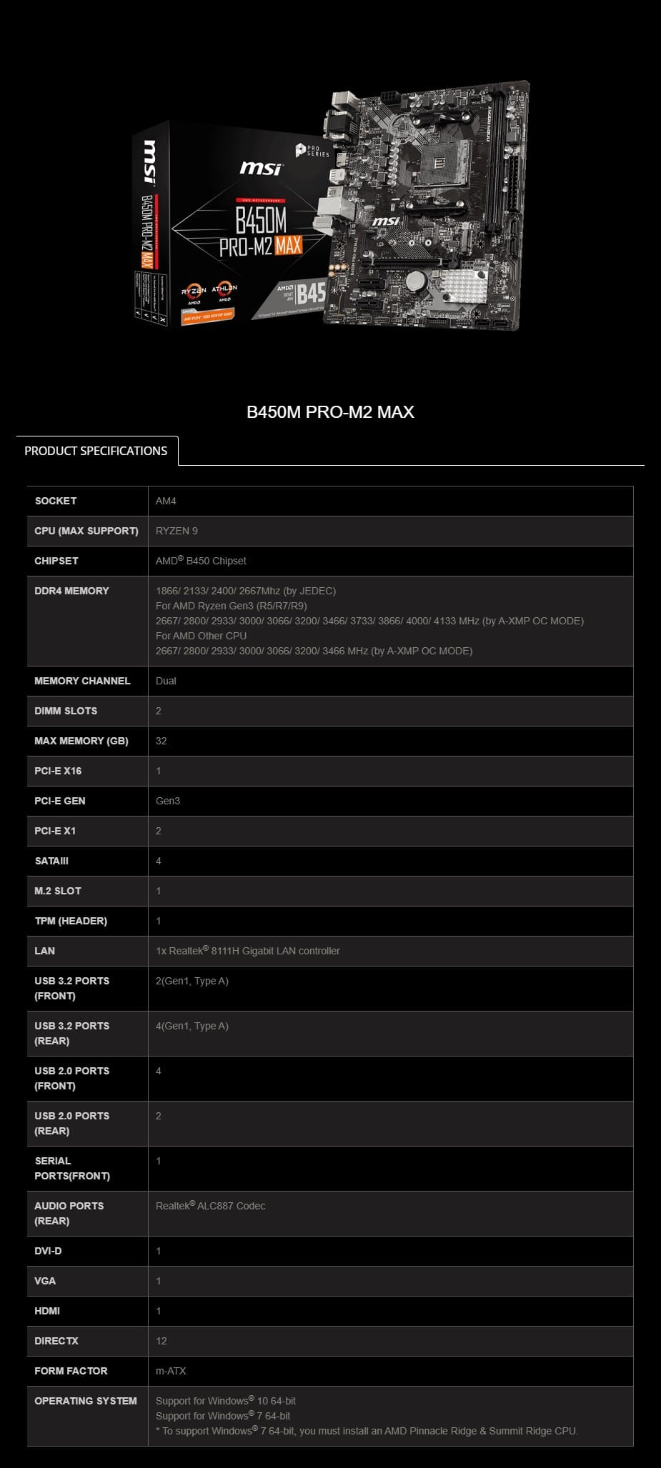 MSI B450M PRO-M2 MAX AM4 M-ATX Motherboard
