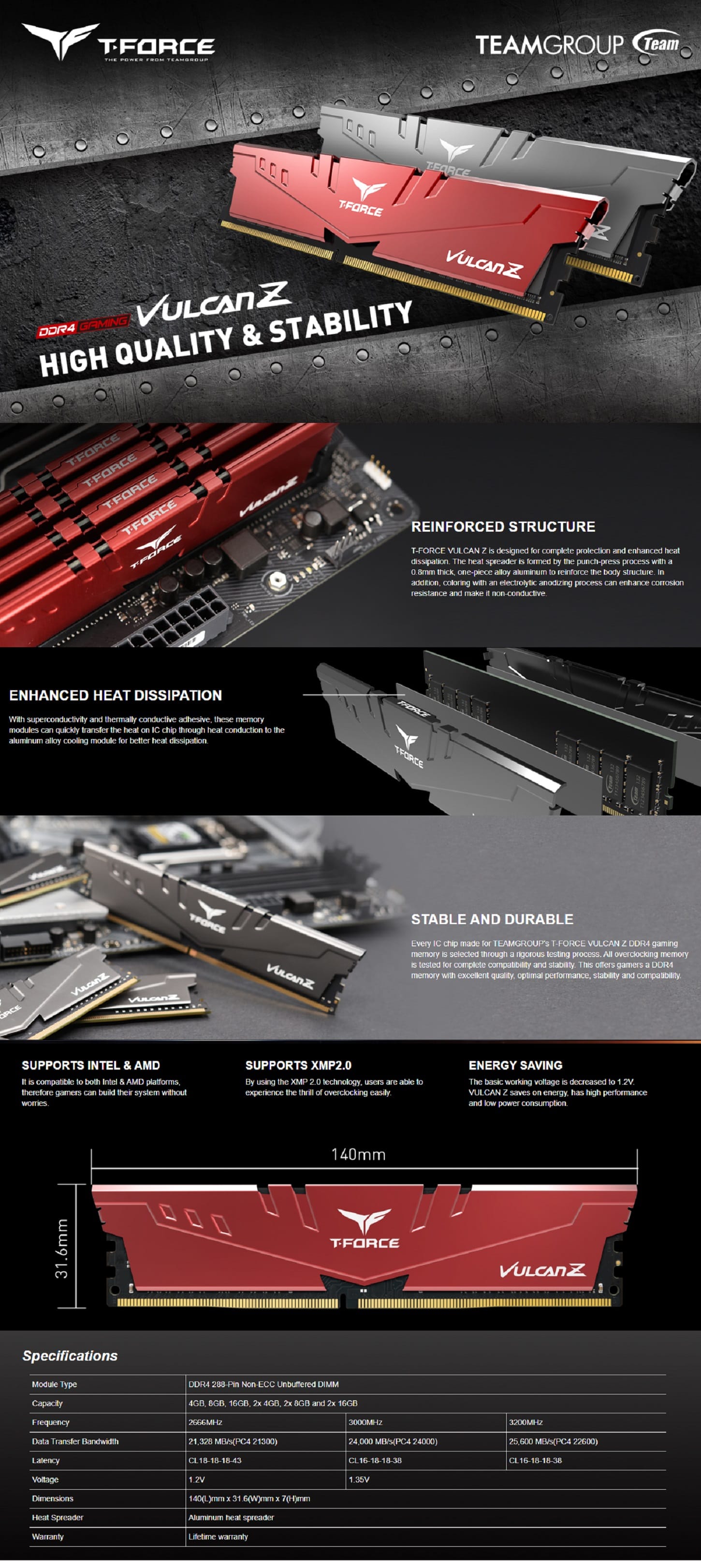 Team T-Force Vulcan Z 8GB(1x8GB) DDR4-2666 Memory - Red