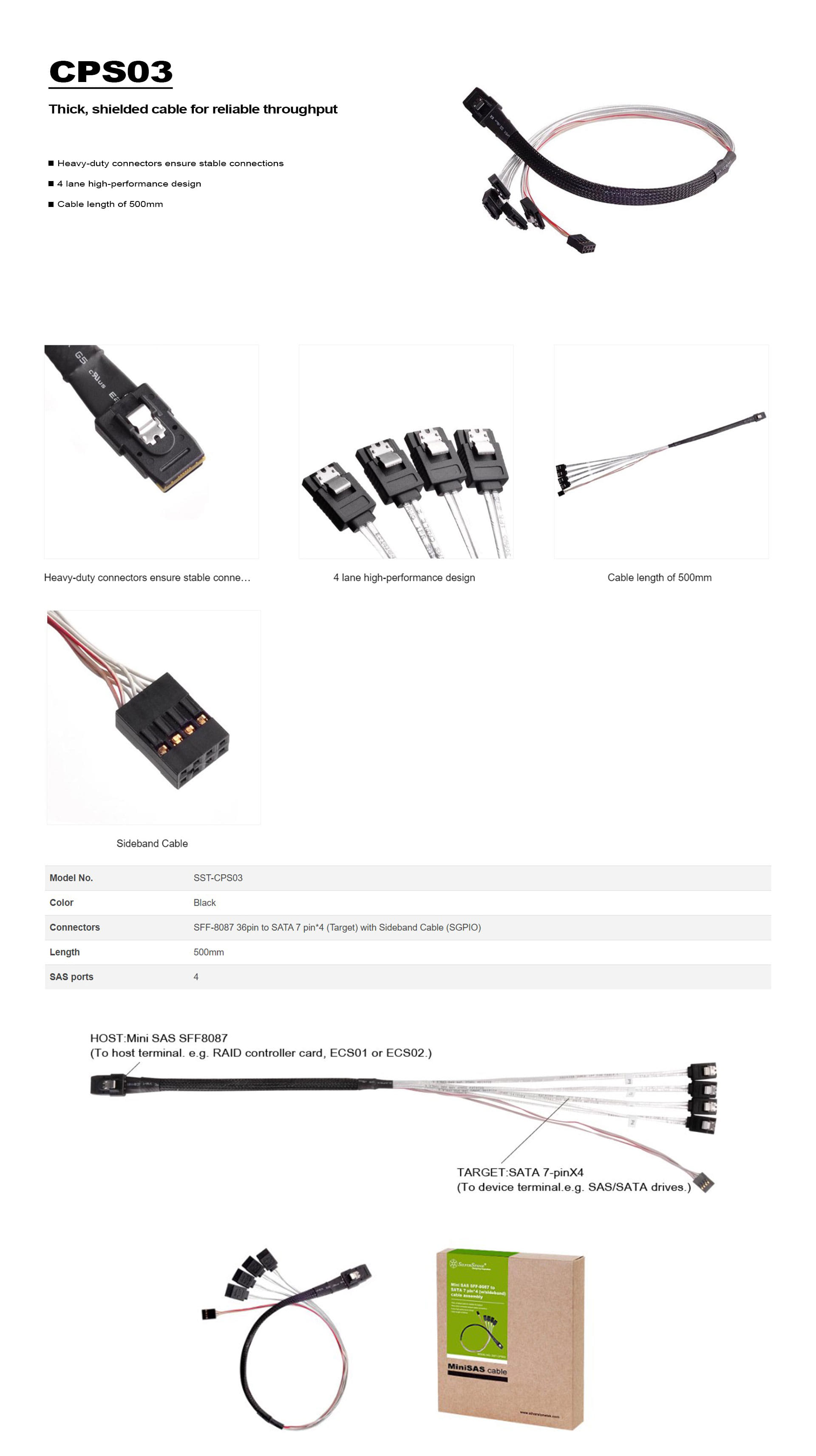 Silverstone CPS03 50cm Mini SFF-8087 to SAS/SATA With Sideband Cable