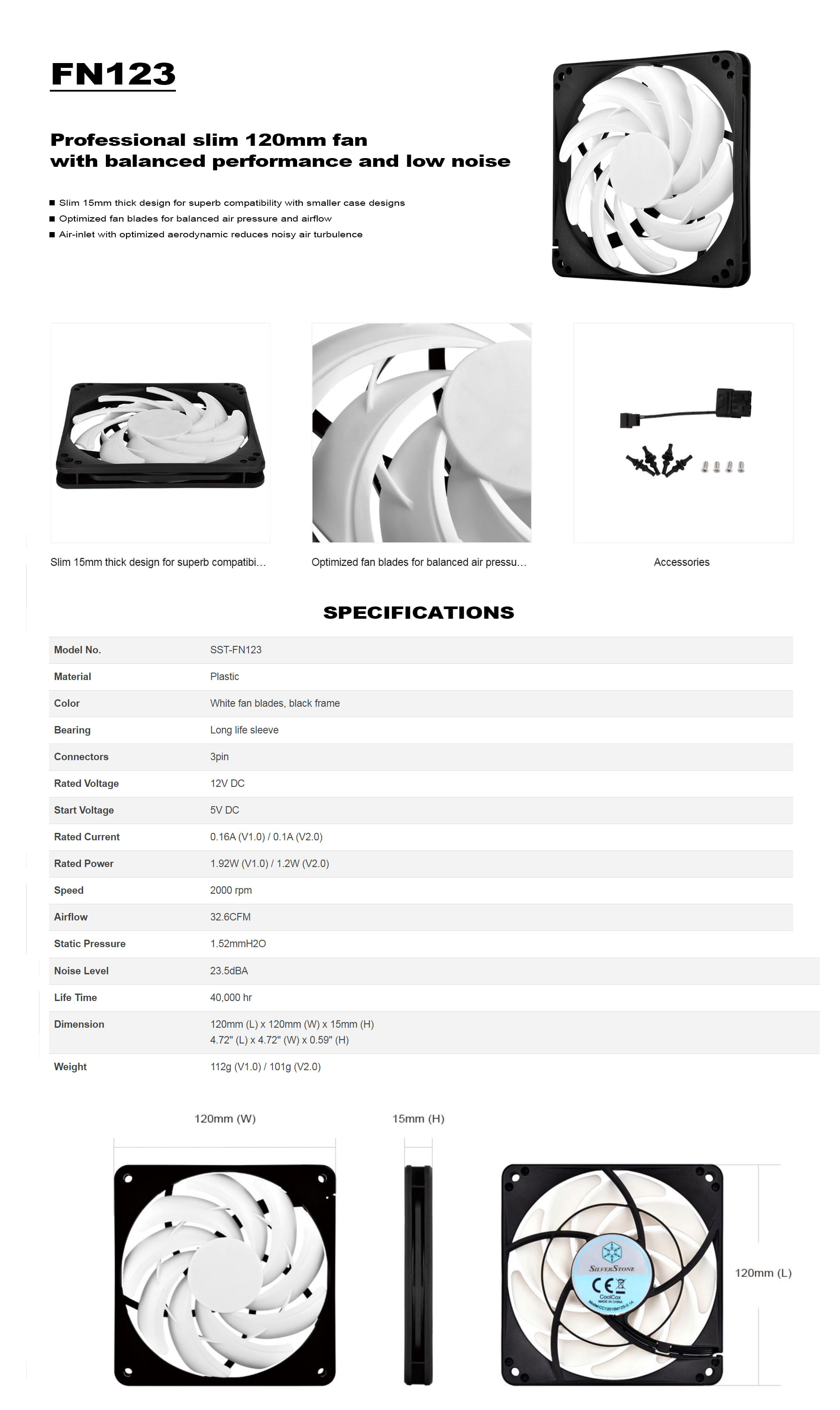 Silverstone FN123 120mm Case Fan, Slim Profile of 15mm Thickness