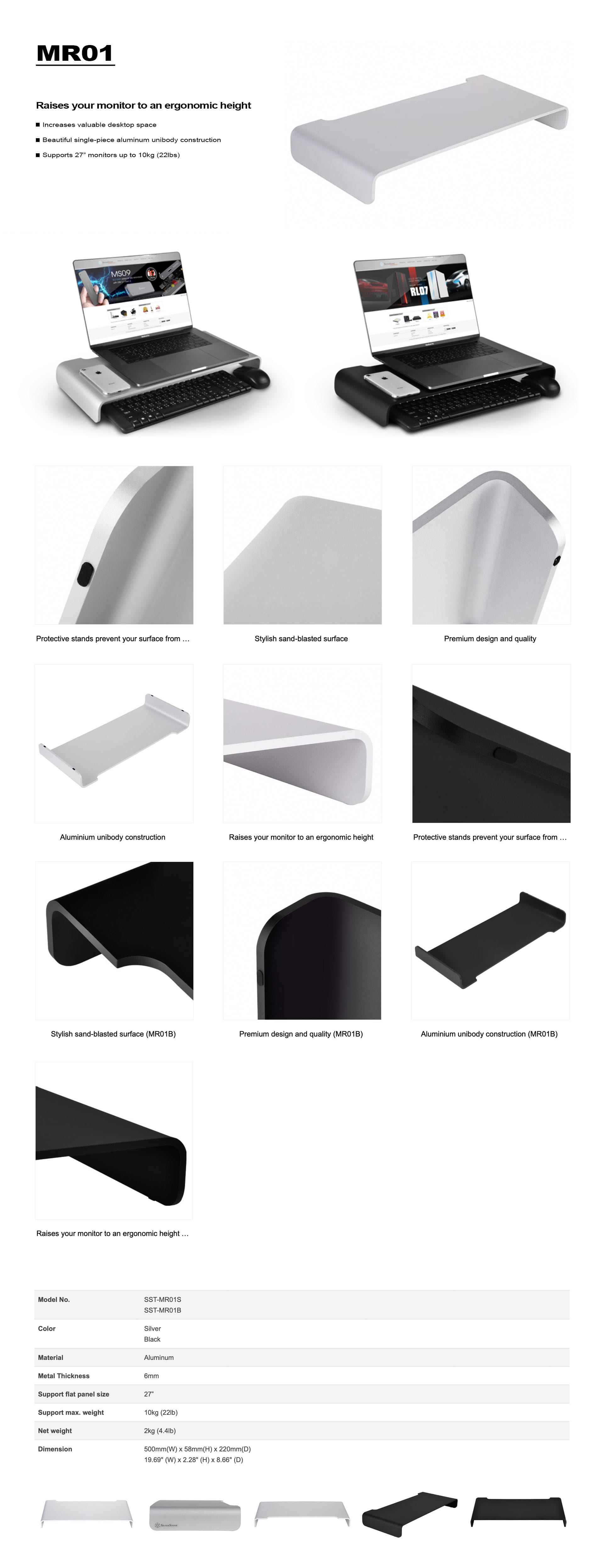 Silverstone MR01B Aluminium Monitor Riser - Black