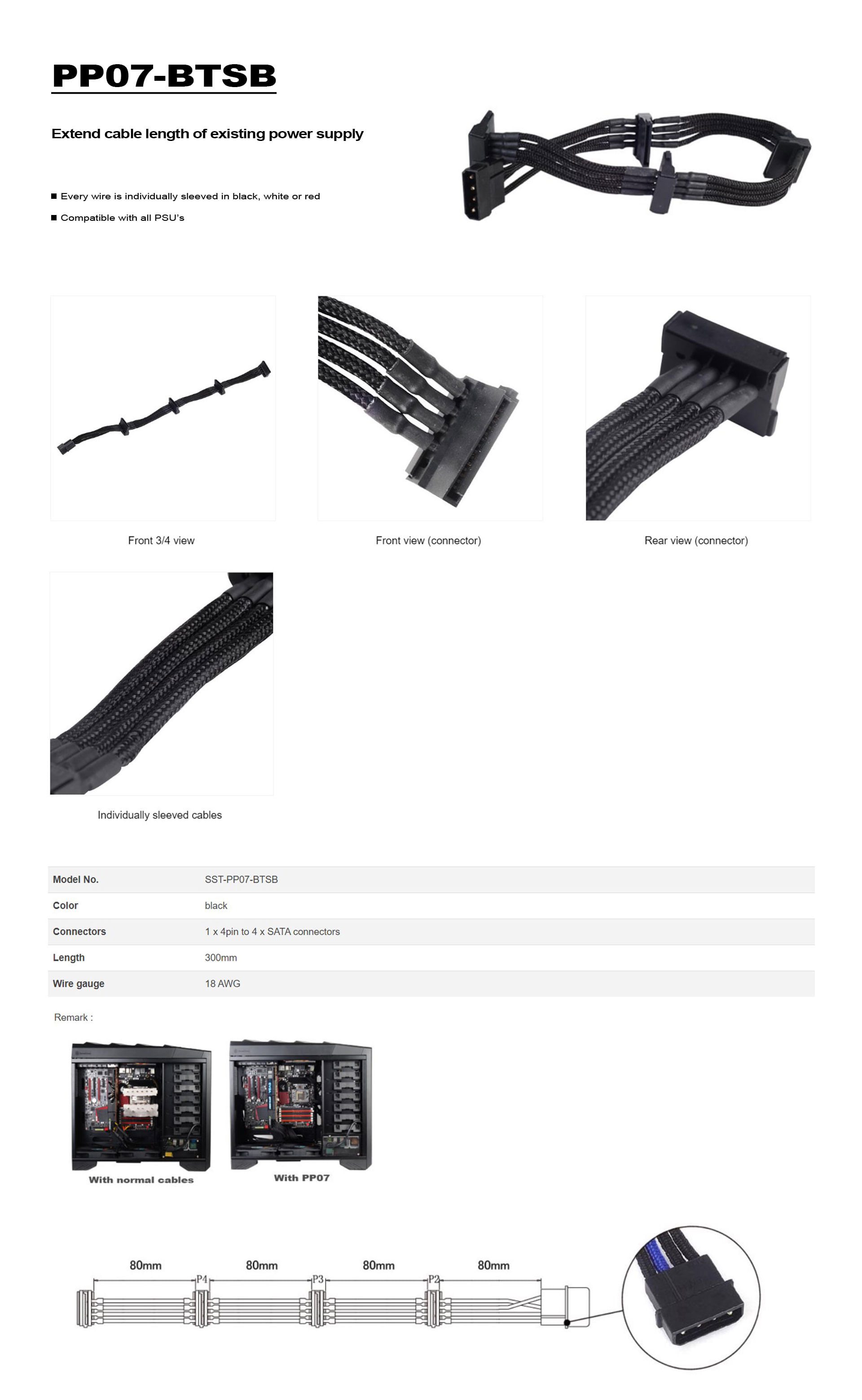 Silverstone PP07-BTSB 4pin to 4 SATA(300mm),Black