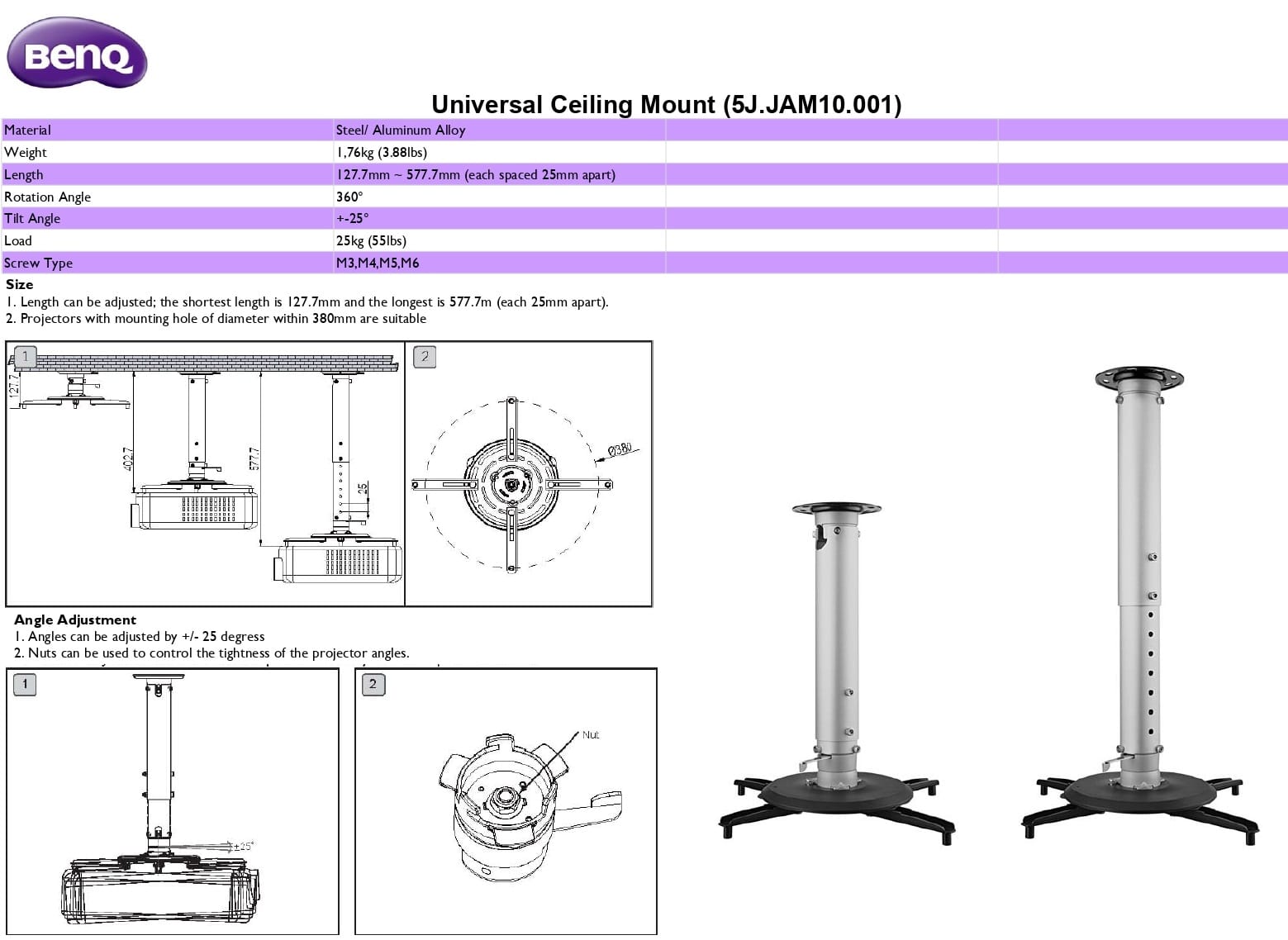 BenQ Semi-Universal Projector Ceiling Mount