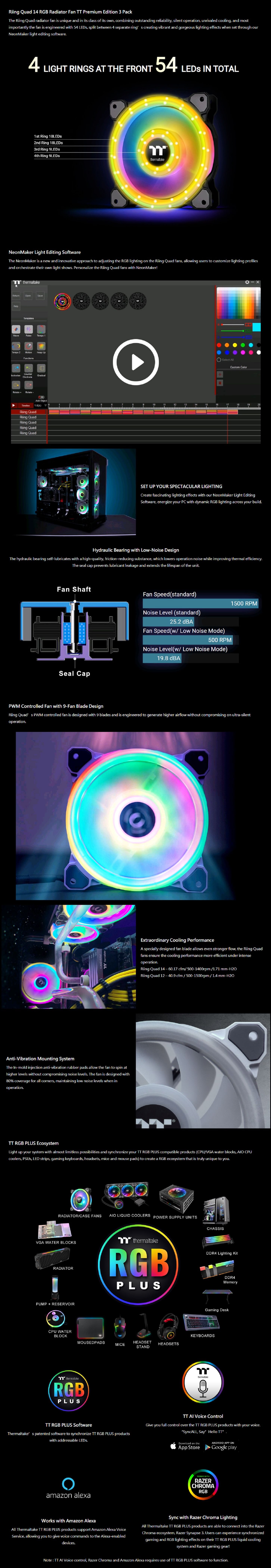 Thermaltake Riing Quad 14 RGB Radiator Fan TT Premium Edition (3-Fan Pack) - Black Edition