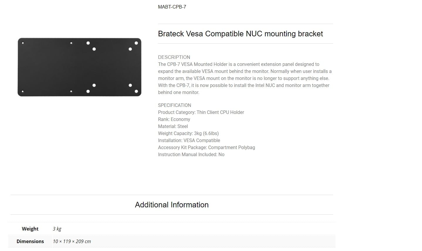 Brateck VESA Compatible NUC Mounting Bracket - Matte Black