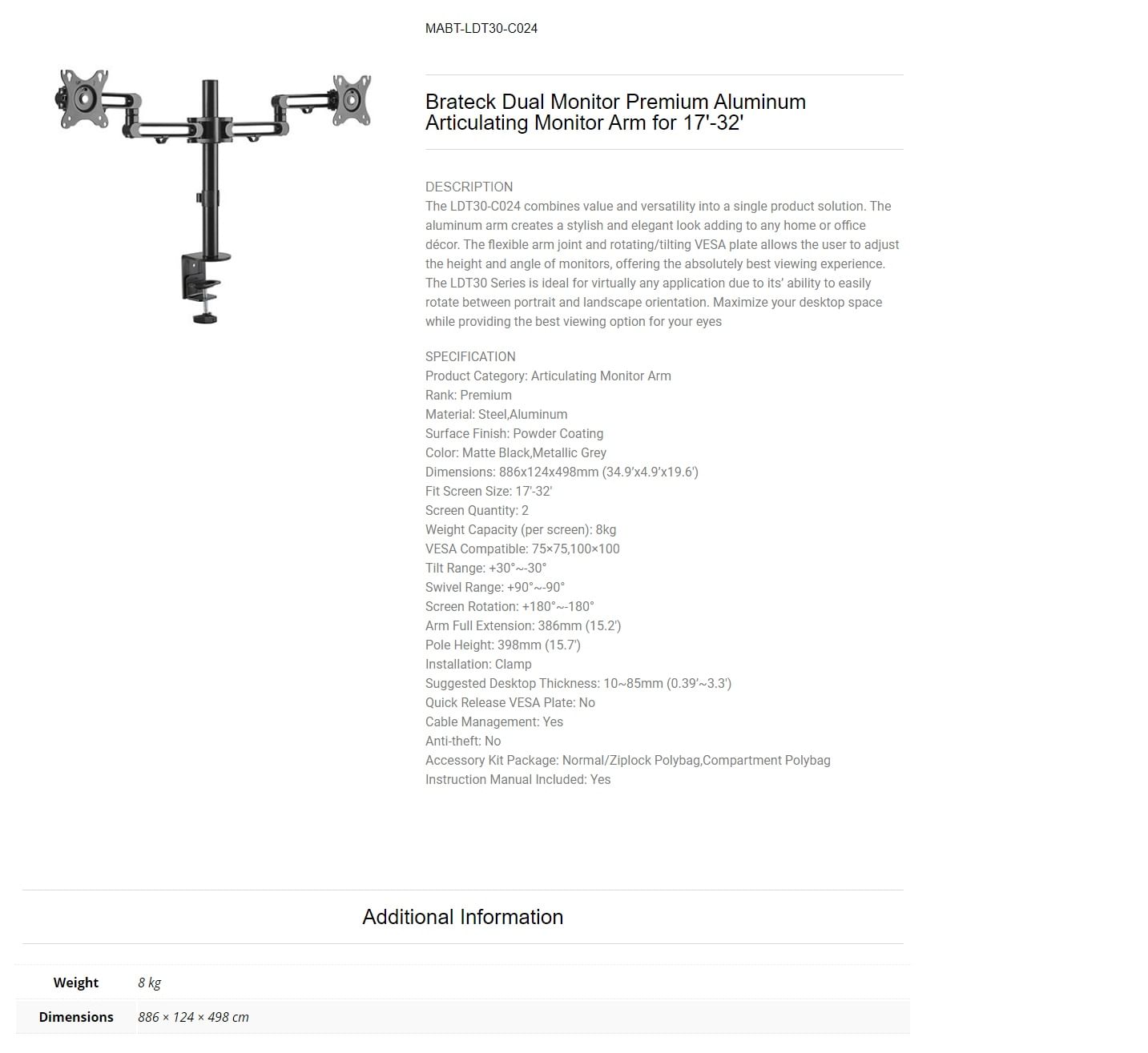 Brateck Premium Aluminium Articulating Dual Monitor Arm