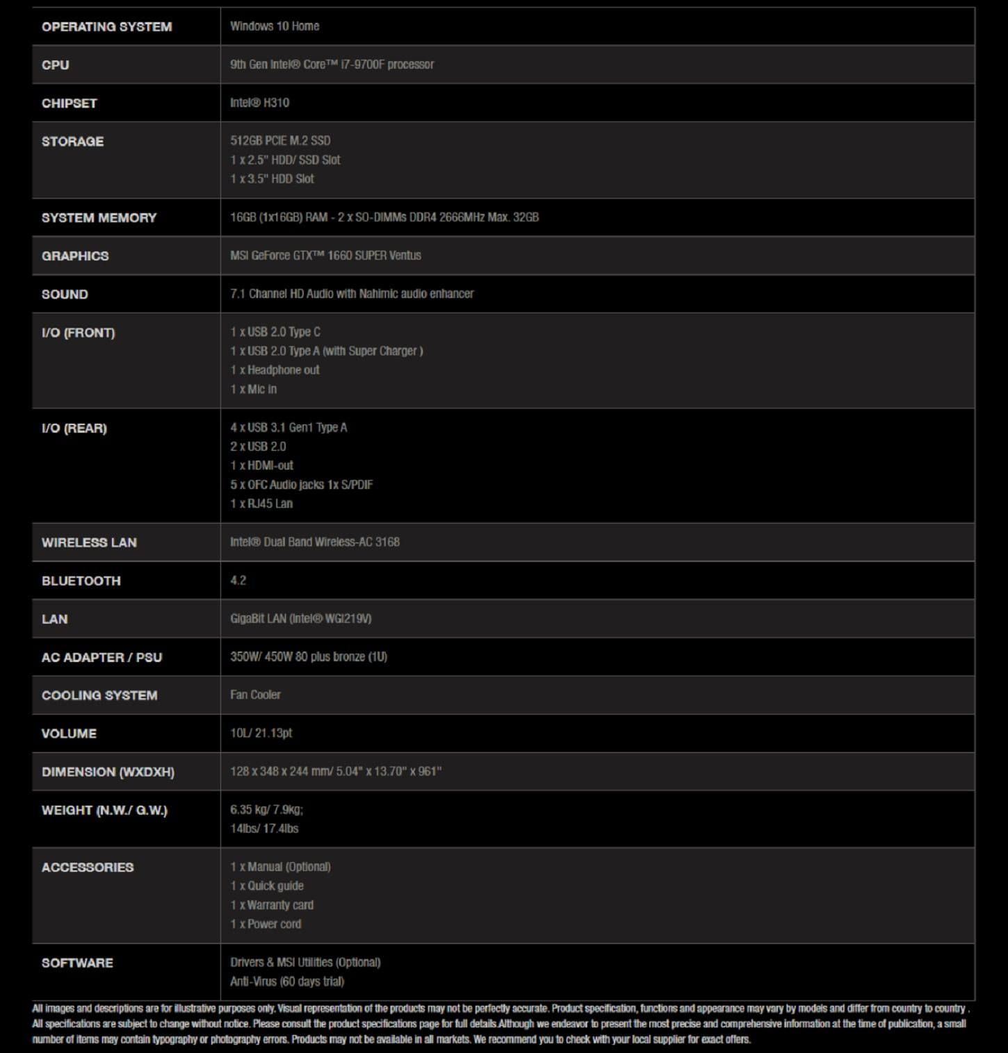 MSI Infinite S i7-9700F/GTX 1660 Super/16GB/512GB SSD/W10H/KBM Gaming Desktop