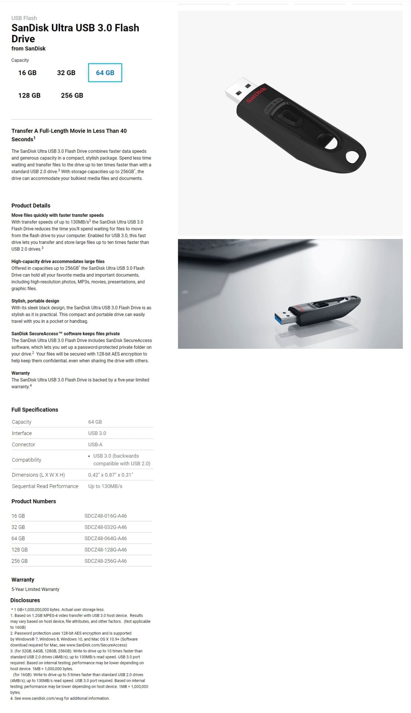 SanDisk 64GB USB 3.0 Flash Drive - Black