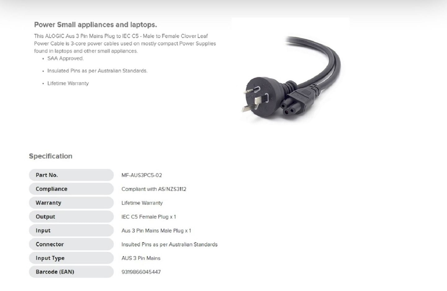 Alogic 2m AUS Pin Mains Plug to IEC C5 - Male to Female