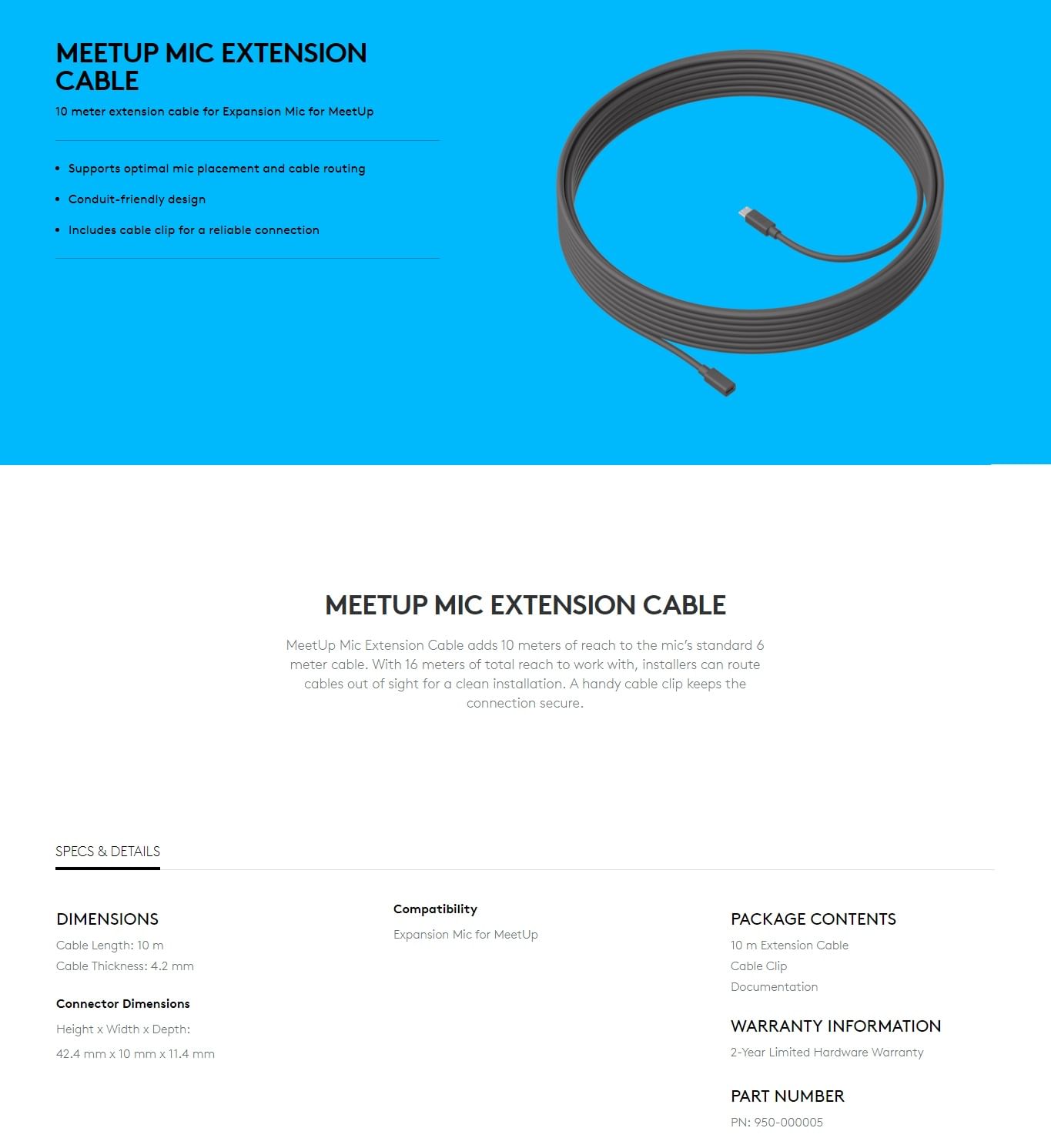 Logitech MeetUp 10M Extended Cable for Expansion Mic