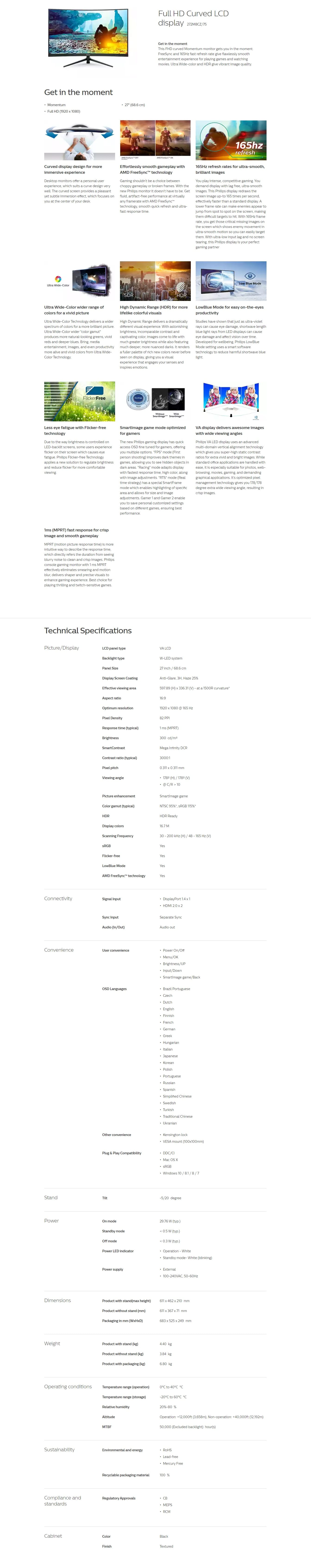 Philips 272M8CZ 27" FHD Curved 1ms 165Hz FreeSync Premium Monitor