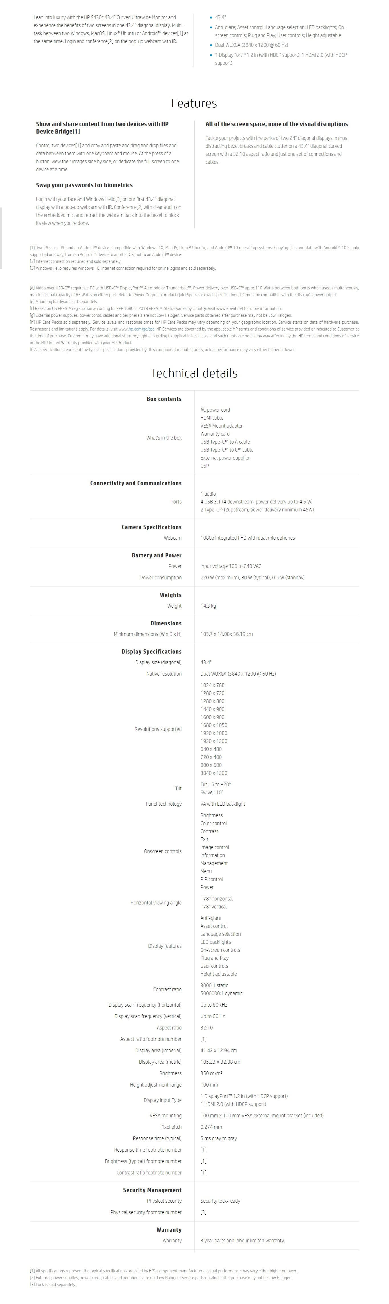 HP 5FW74AA S430C 43.4" Curved 4K UHD Monitor