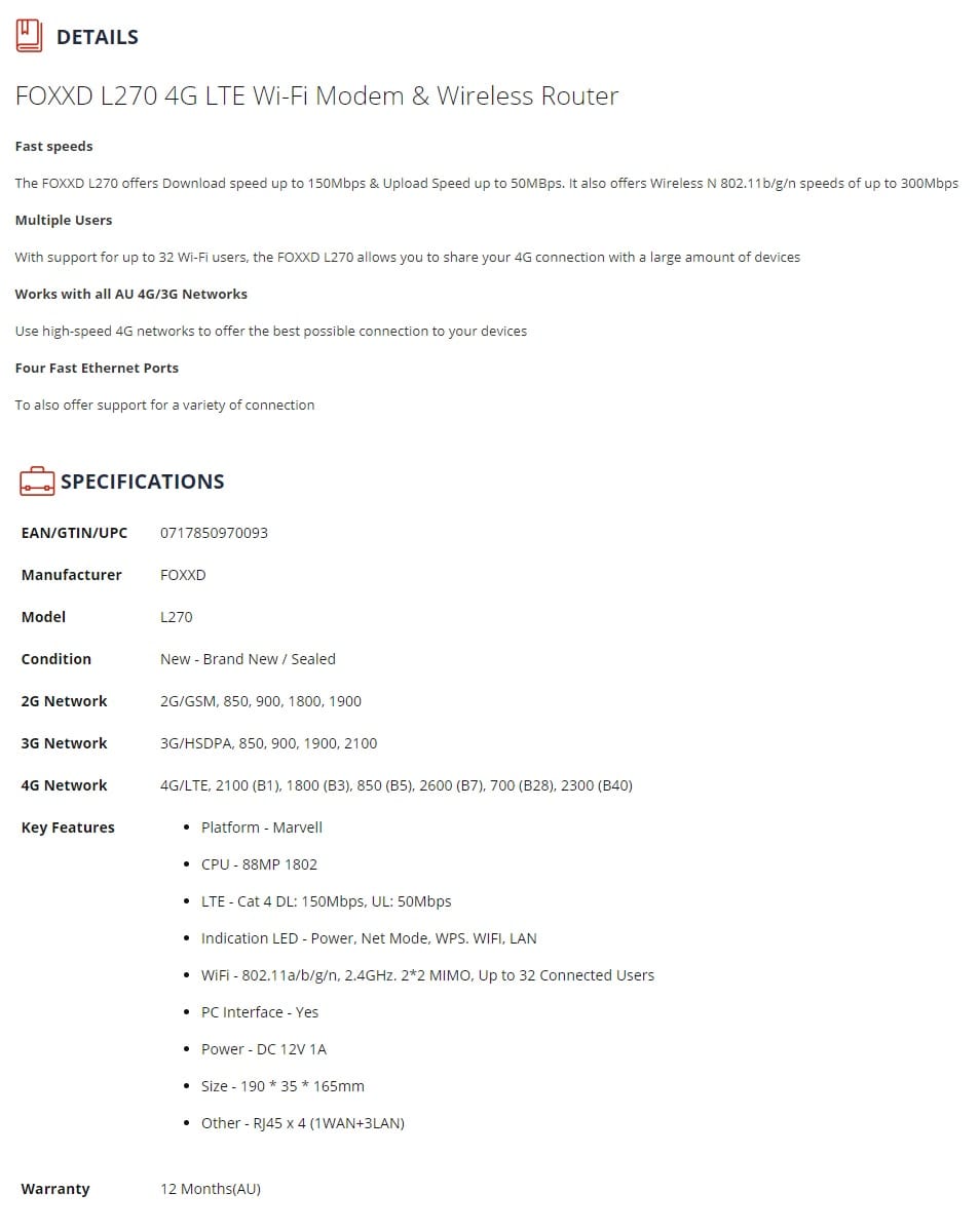 FOXXD L270 4G LTE Wi-Fi Modem & Wireless Router