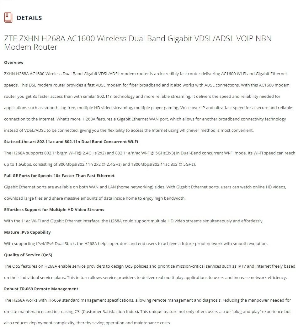 ZTE ZXHN H268A AC1600 VDSL/ADSL VOIP NBN Router