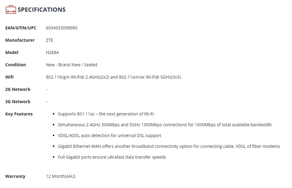 ZTE ZXHN H268A AC1600 VDSL/ADSL VOIP NBN Router