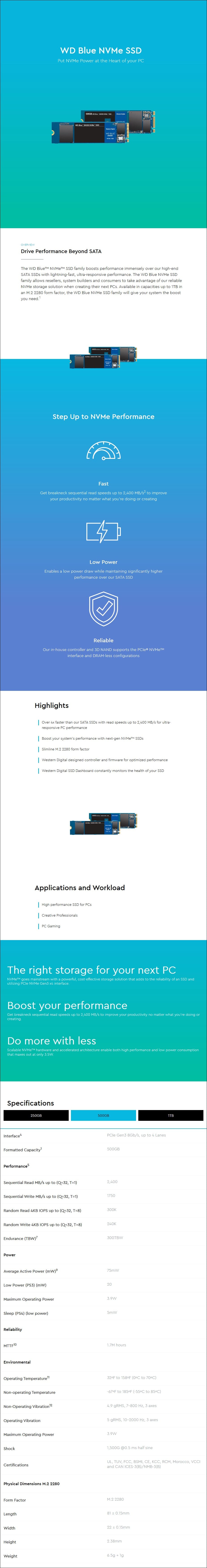 Western Digital Blue SN550 500GB M.2 PCIe NVME Gen3 SSD