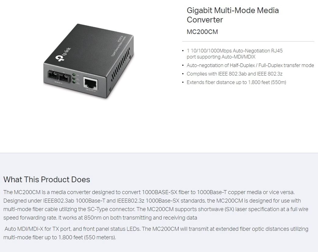 TP-Link MC200CM Gigabit MultiMode Media Converter