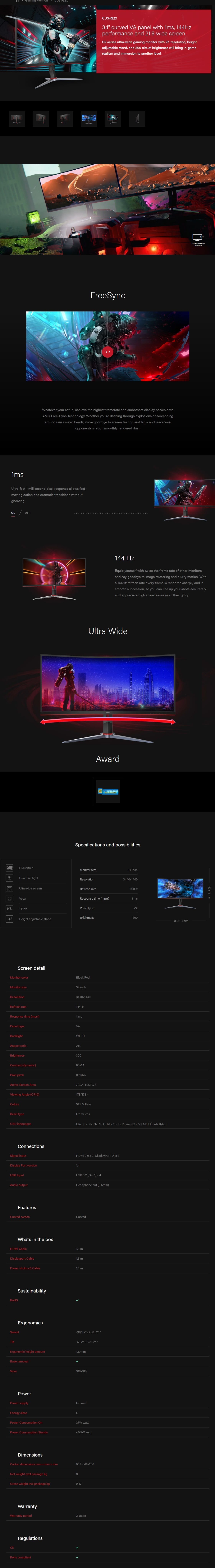 AOC CU34G2X 34" 3K WQHD 1ms 144Hz Curved Adaptive Sync HDR Gaming Monitor