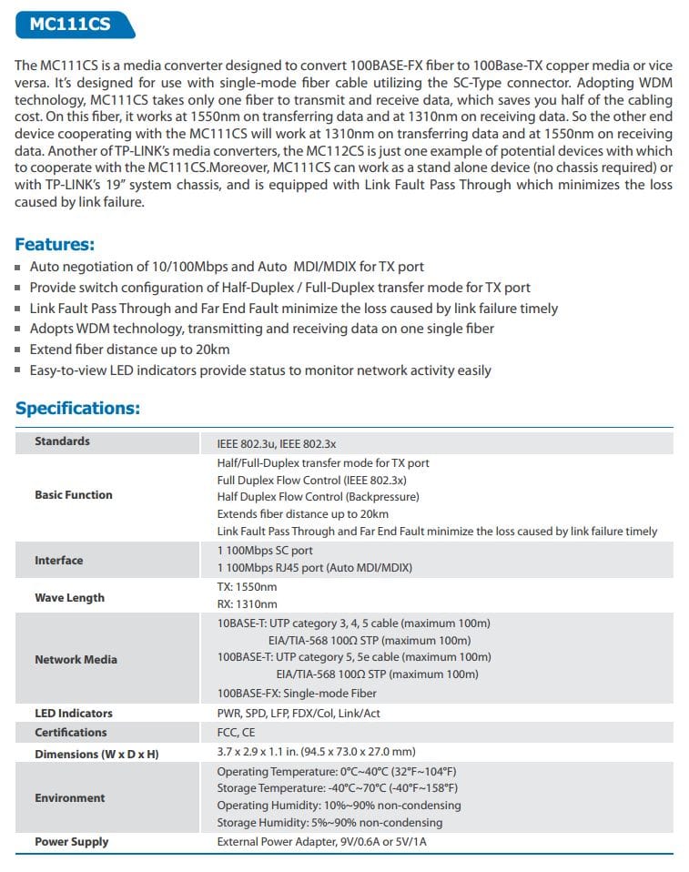 TP-Link MC111CS Omada 10/100Mbps SC Single-Mode Media Converter