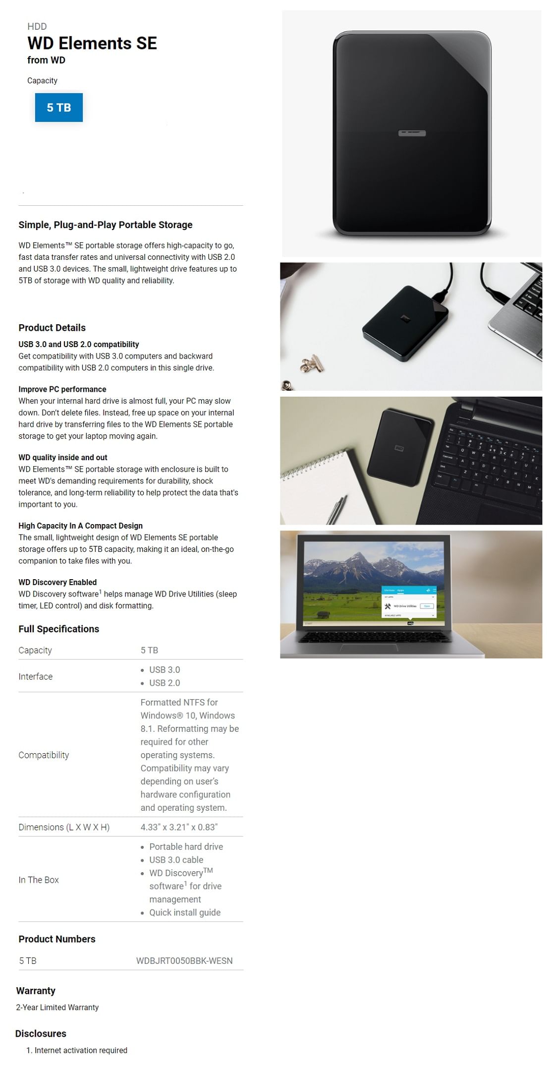 Western Digital Elements SE 5TB Portable Hard Drive - Black