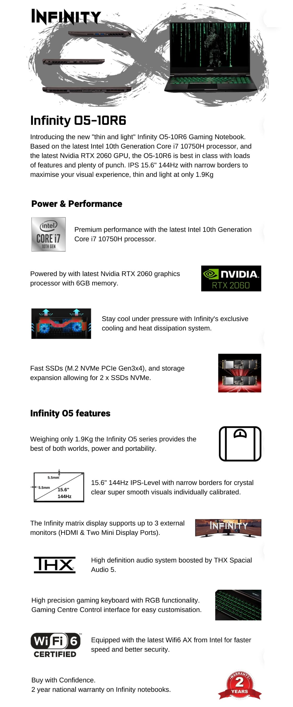 Infinity O5 15.6" Laptop, i7-10750H/RTX2060/16GB/1TB/W10H