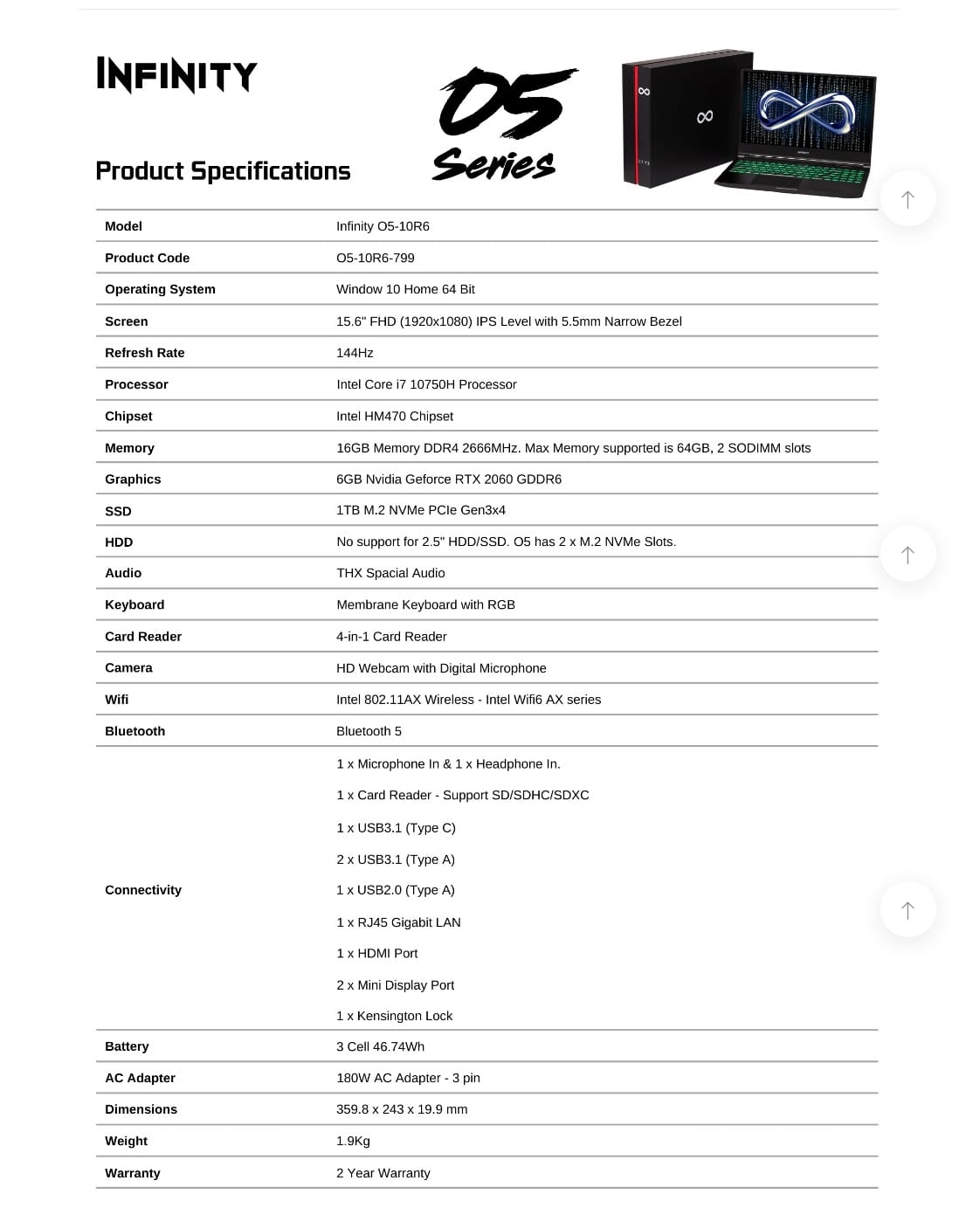 Infinity O5 15.6" Laptop, i7-10750H/RTX2060/16GB/1TB/W10H