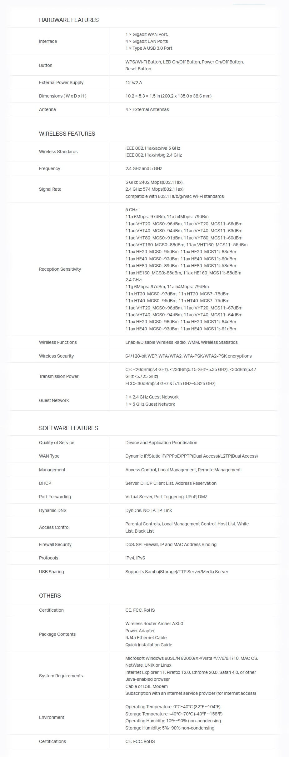TP-Link Archer AX50 AX3000 Dual Band Gigabit Wi-Fi6 Router