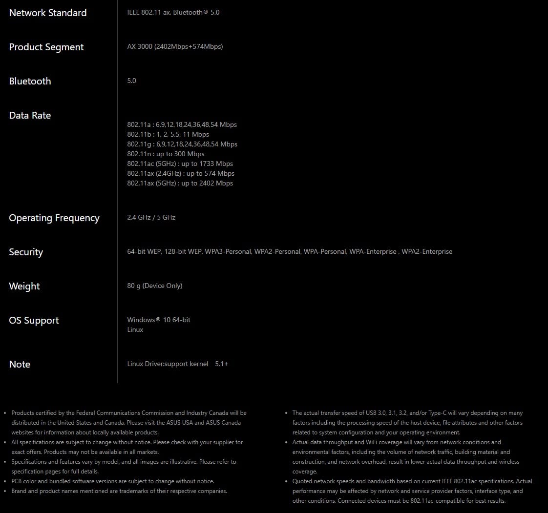 Asus PCE-AX3000 Wi-Fi 6 Bluetooth 5.0 PCIe Adapter (OEM Pack)