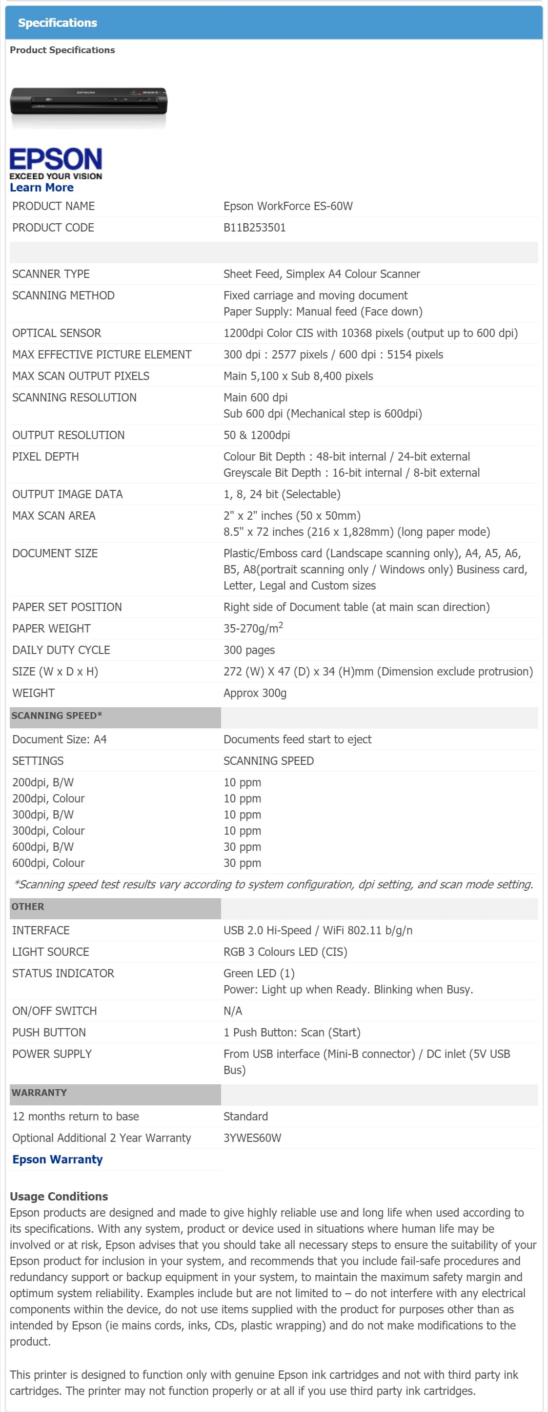 Epson WorkForce ES-60W Sheet-Fed Portable Wireless Document Photo Scanner