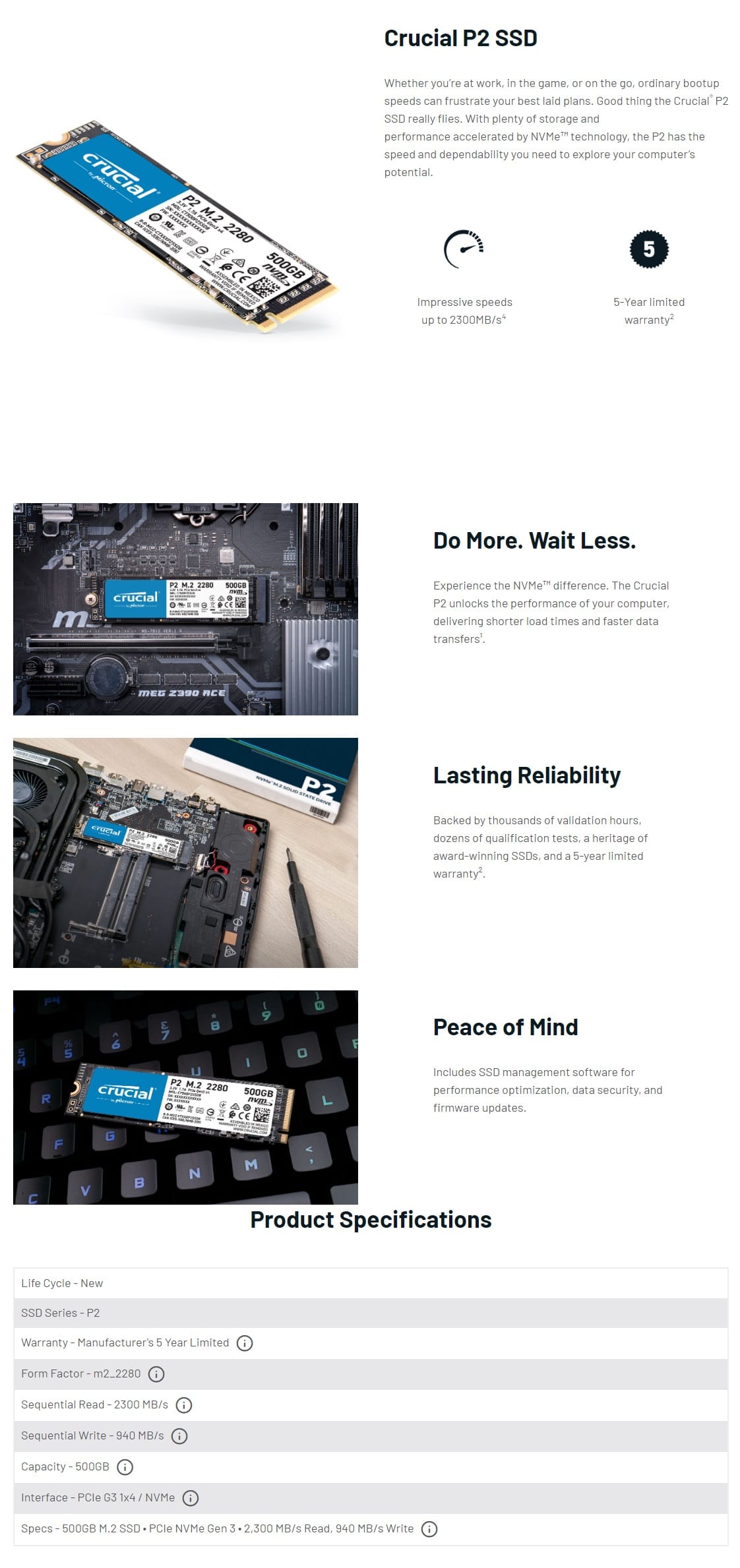 Crucial P2 500GB M.2 PCIe NVMe Gen3 SSD