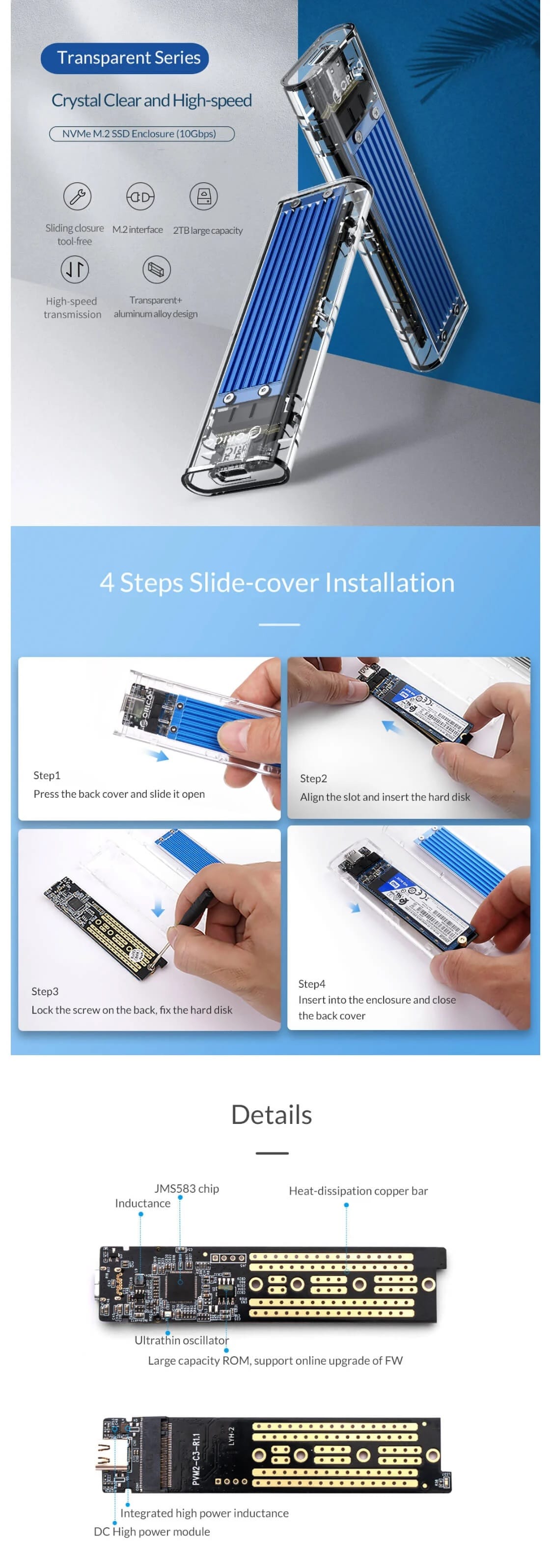 Orico TCM2-C3 NVMe to USB-C M.2 SSD Enclosure 10Gbps - Silver