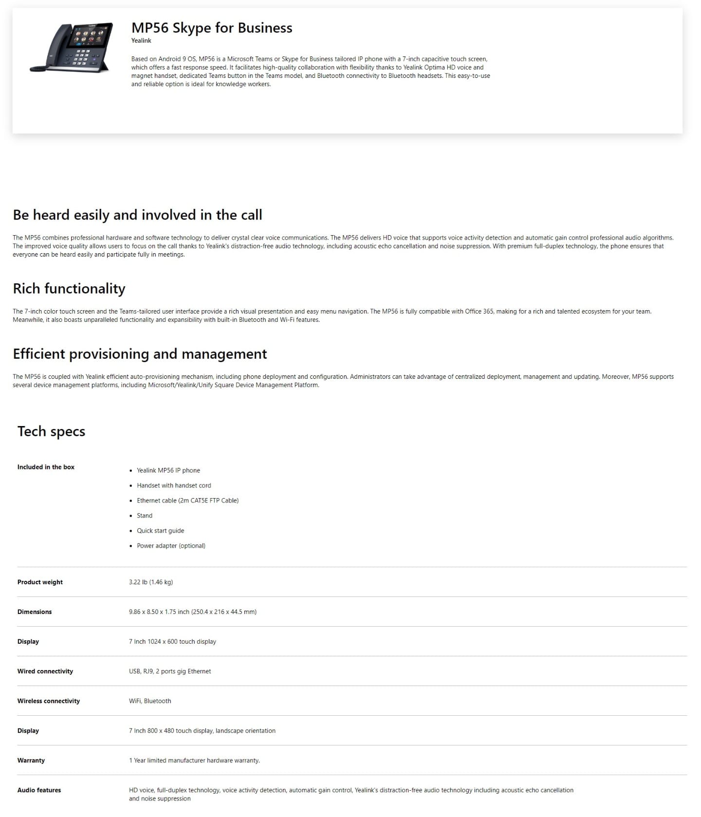 Yealink MP56 Business IP Phone, Skype For Business
