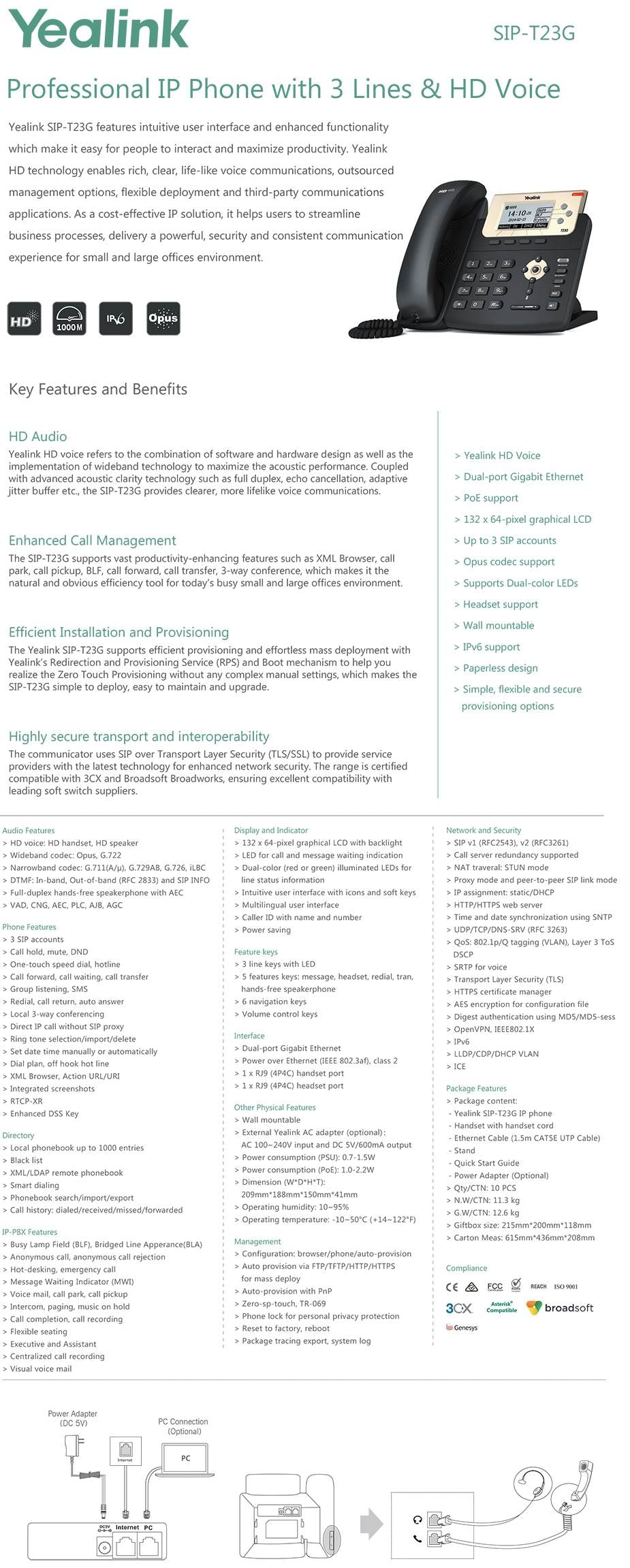 Yealink 3 Line IP Phone with Dual-Port Gigabit and PoE Support