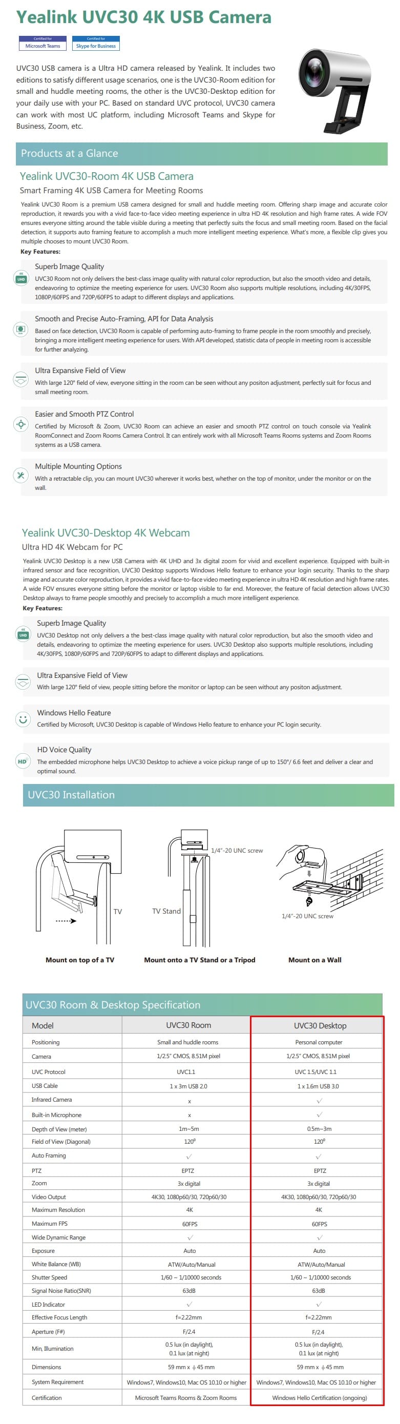Yealink UVC30 4K UHD Camera For PC