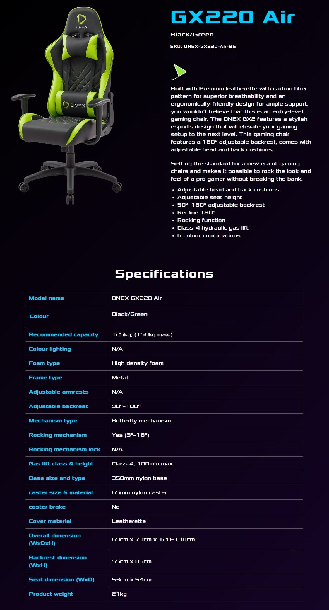 ONEX GX220 AIR Series Premium Leatherette Gaming Chair -Black/Green