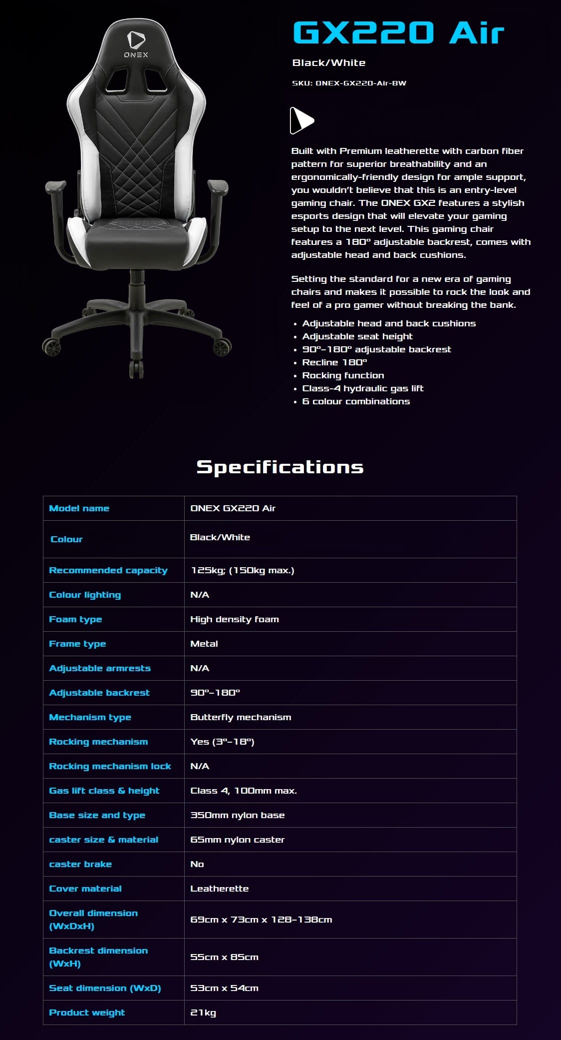 ONEX GX220 AIR Series Premium Leatherette Gaming Chair -Black/White