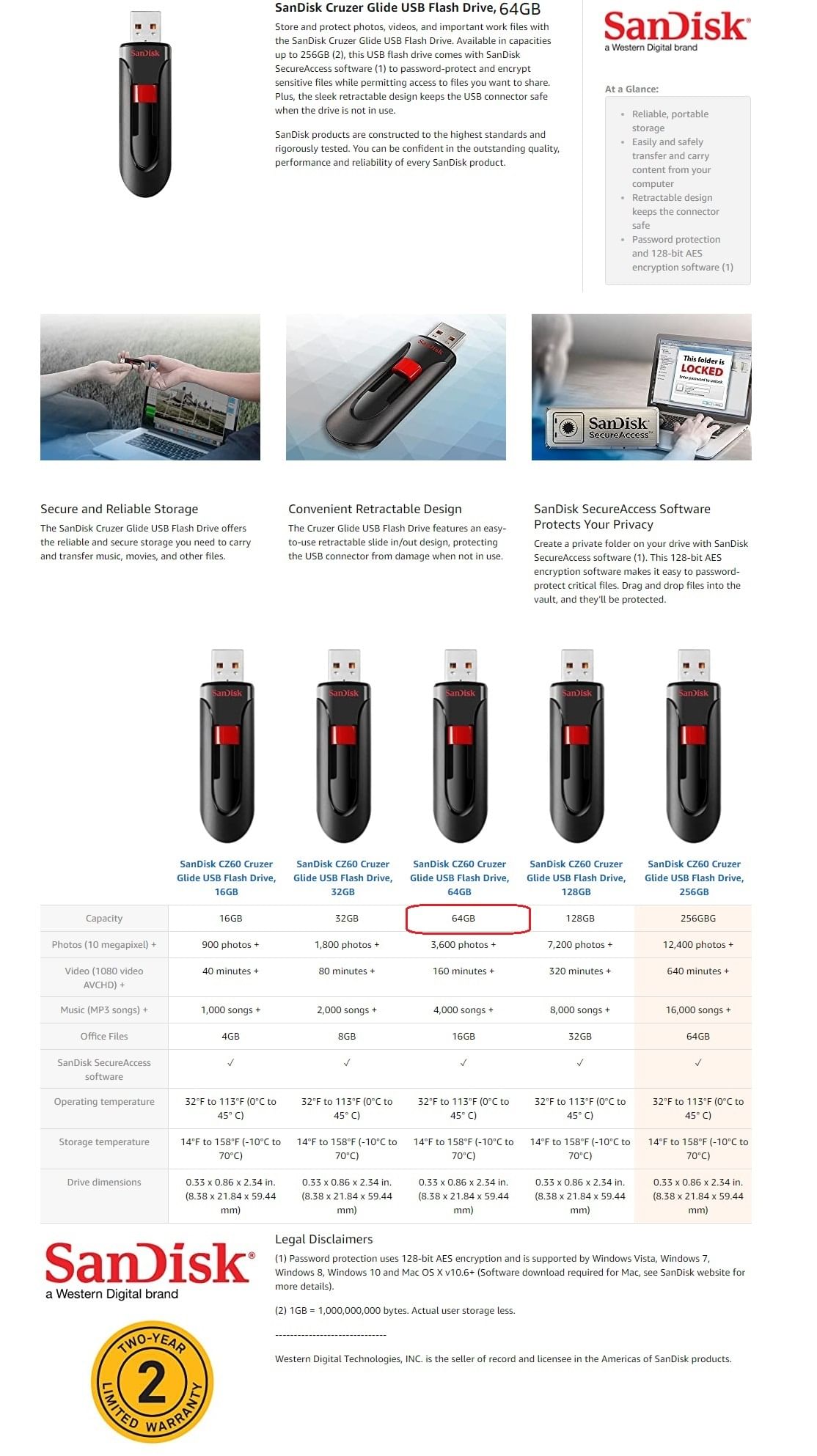 SanDisk Cruzer Glide 64GB Flash Drive - Black