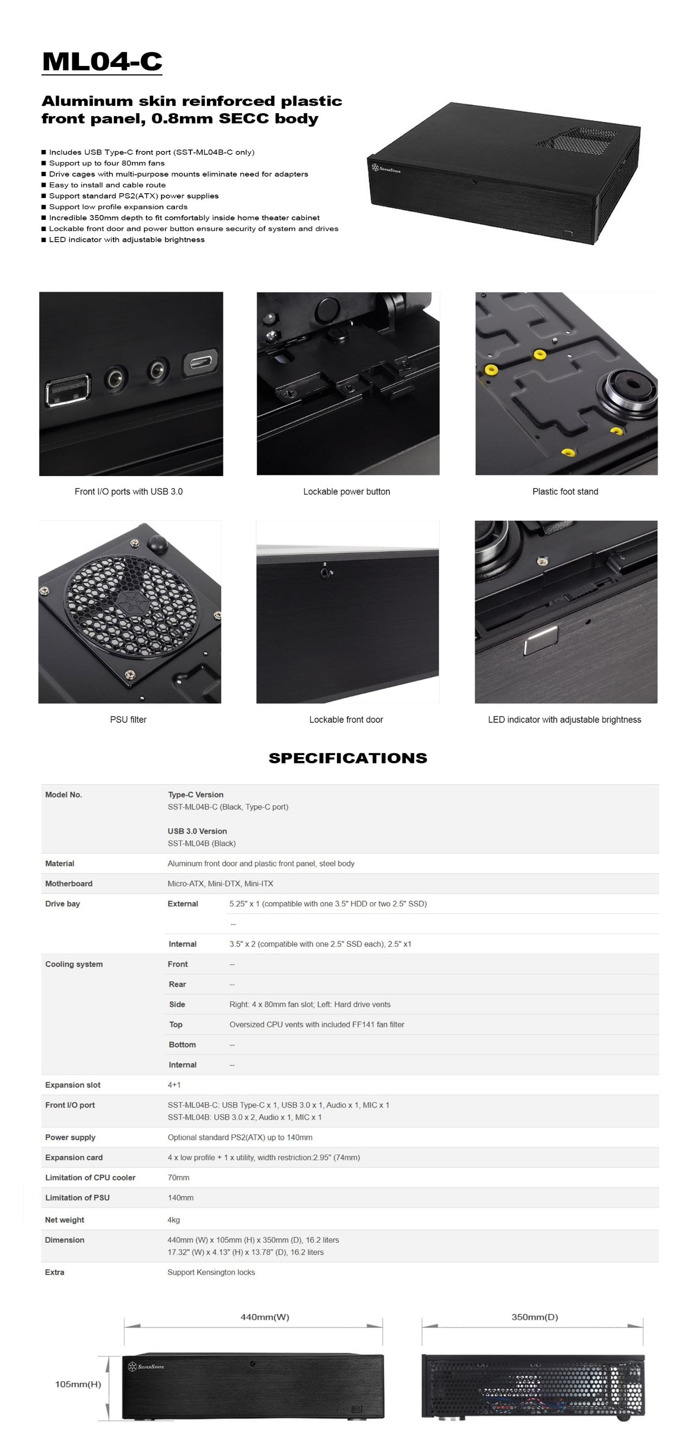 Silverstone Milo ML04-C HTPC Micro-ATX USB-C Computer Case - Black