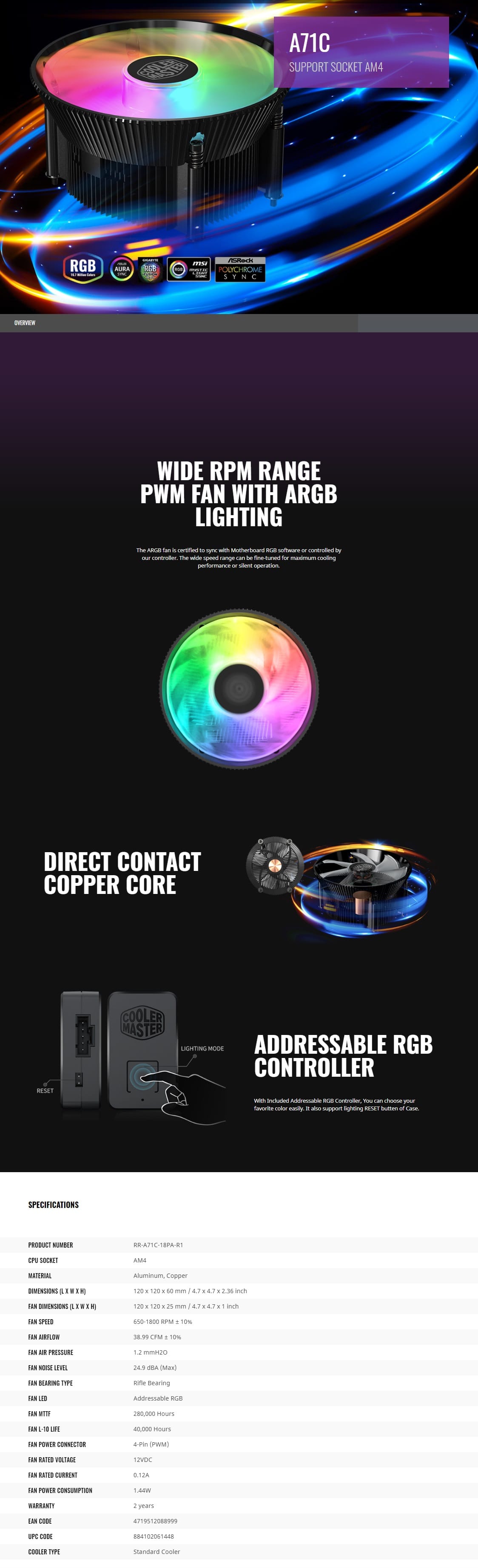 Cooler Master A71C ARGB AM4 Socket CPU Air Cooler