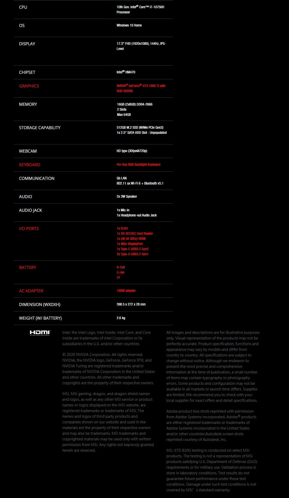 MSI GL75 Leopard 17.3" FHD 144Hz, 10th Gen i7-10750H+HM470, GTX 1660 Ti ...