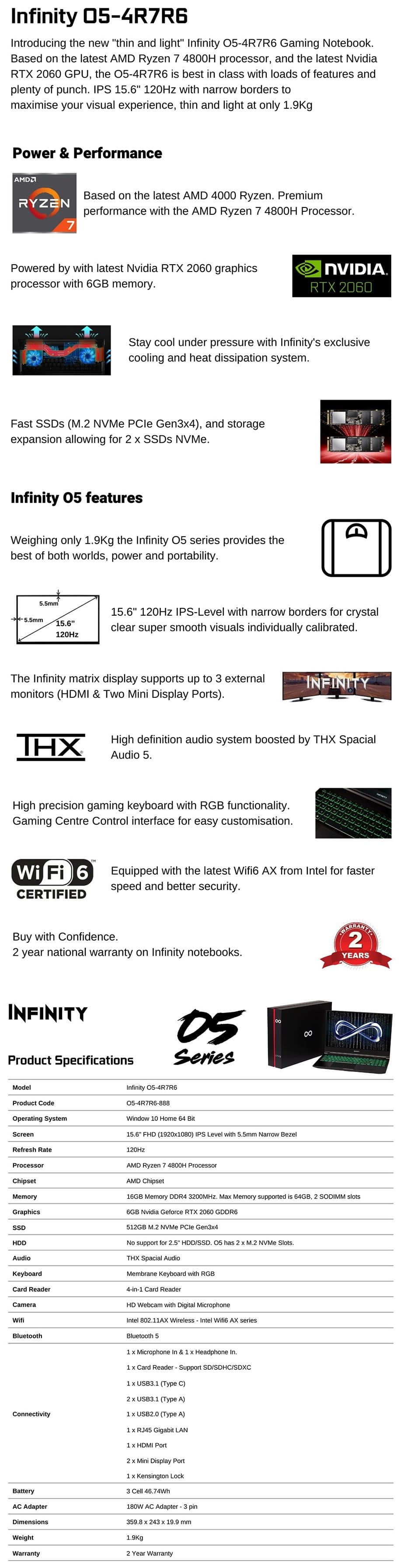 Infinity O5 15.6" Full HD Laptop, Ryzen 7 R7-4800H, RTX 2060, 16GB RAM ...